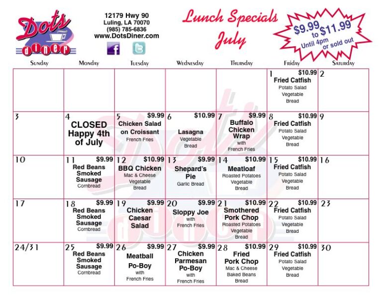 Dots Diner Daily Lunch Specials