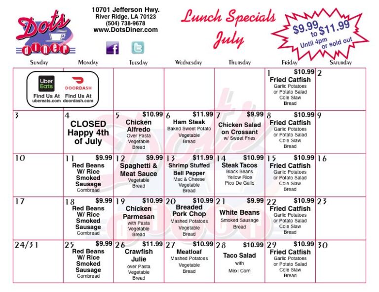 Dots Diner Daily Lunch Specials