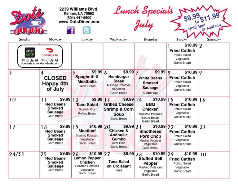 Dots Diner Daily Lunch Specials