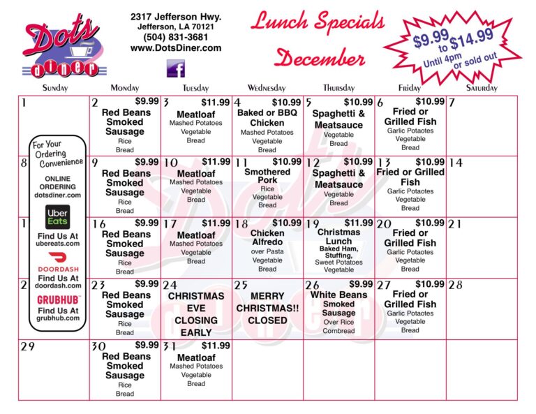 Dots Diner Daily Lunch Specials
