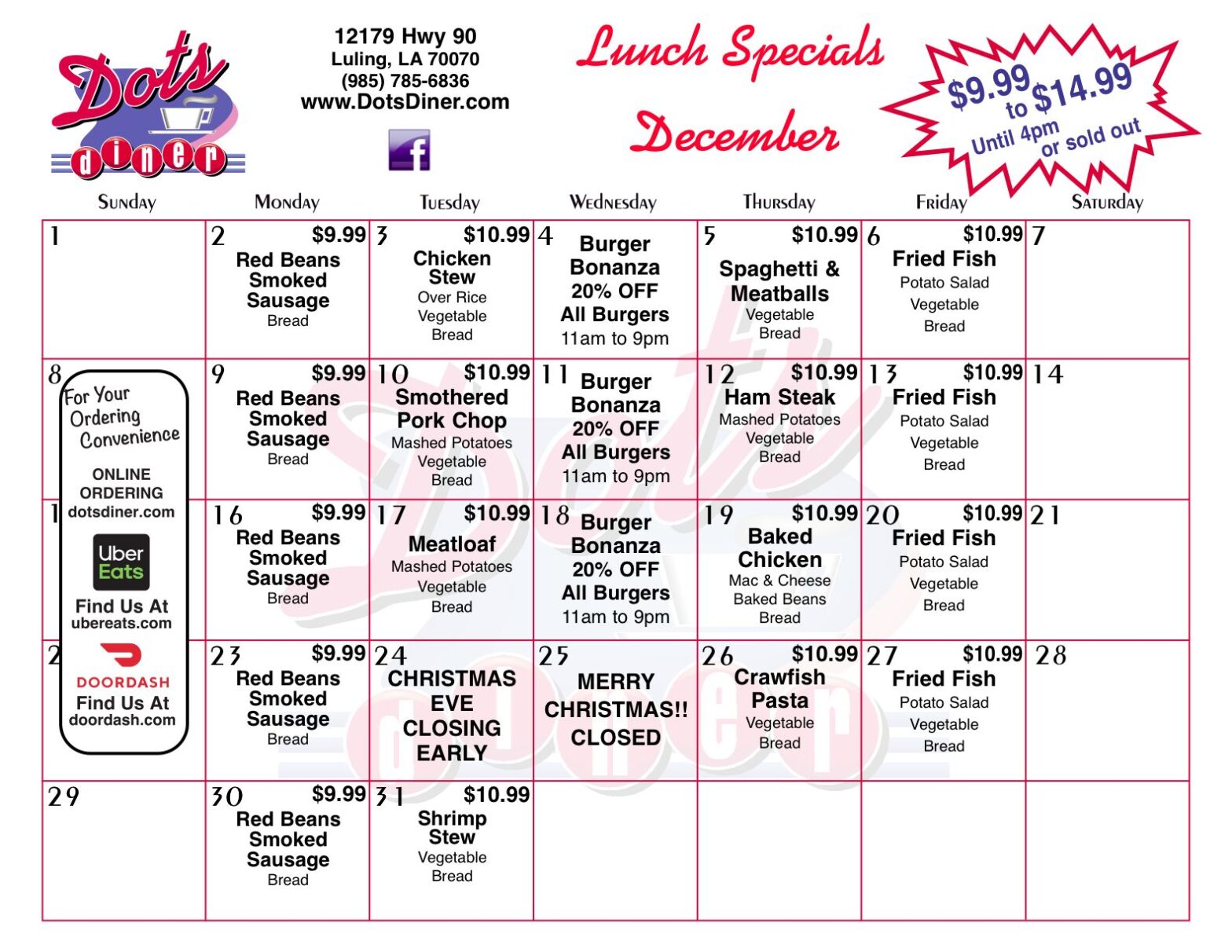 Dots Diner Daily Lunch Specials