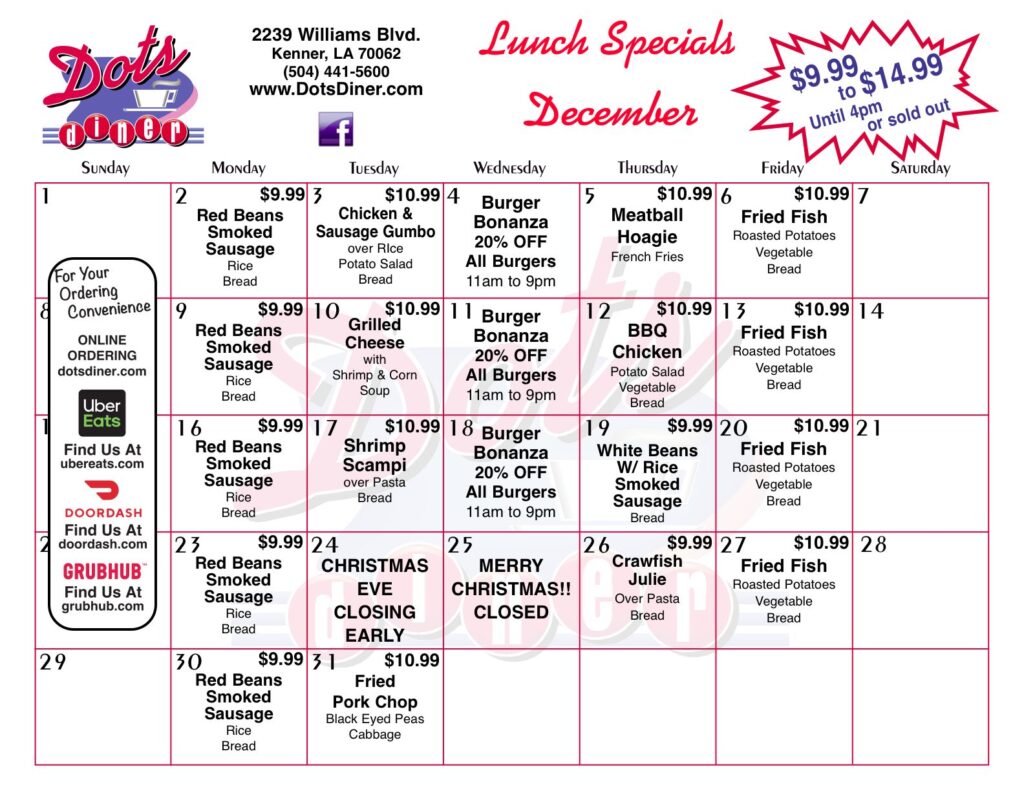 Dots Diner Daily Lunch Specials