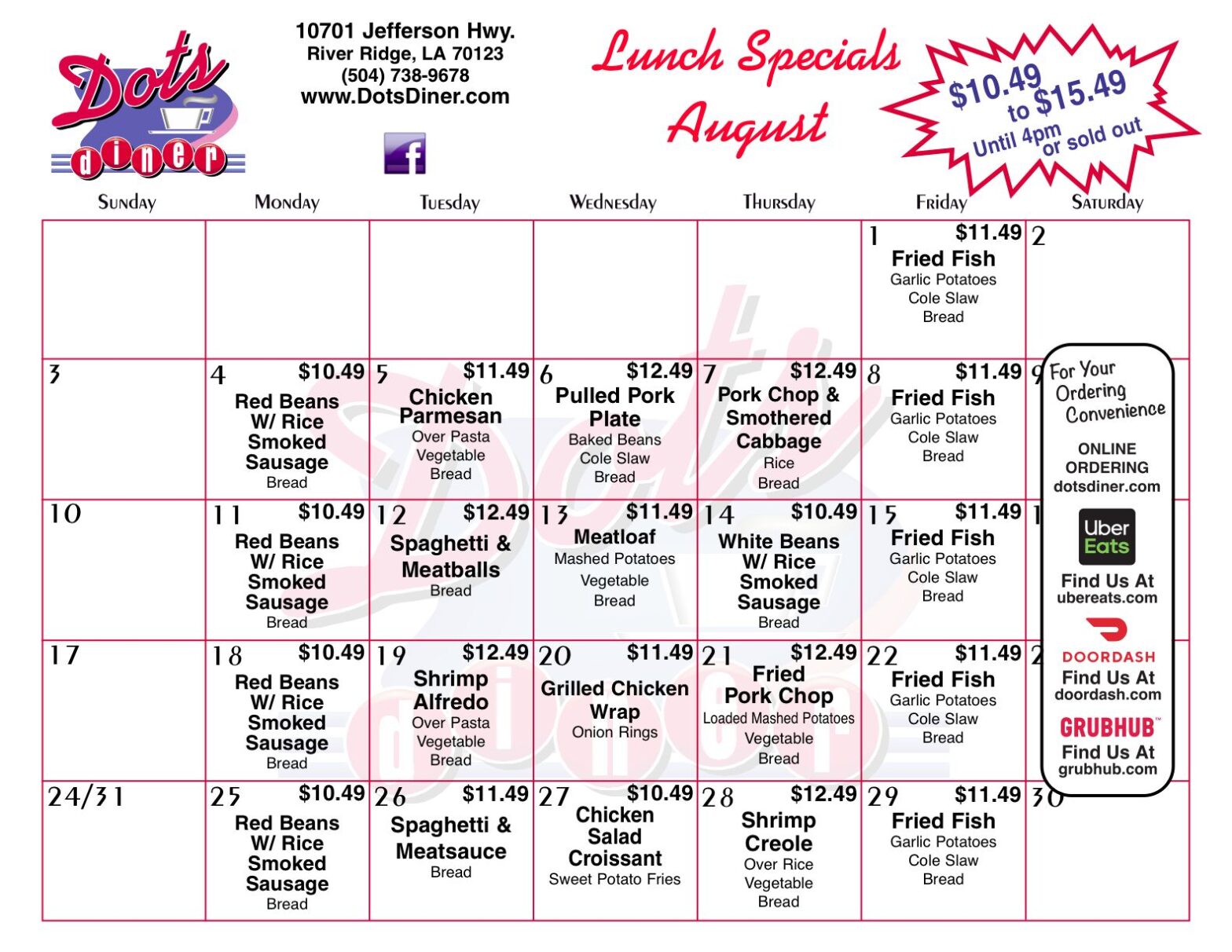 Dots Diner Daily Lunch Specials