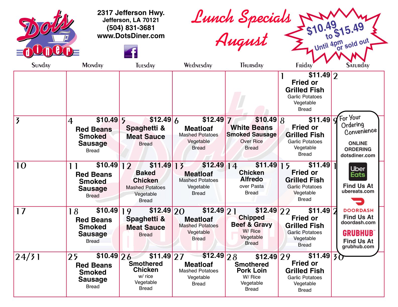 Dots Diner Daily Lunch Specials