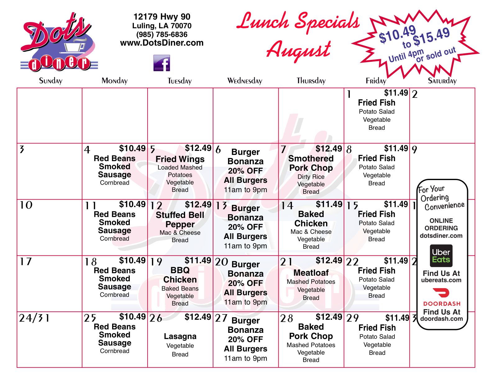 Dots Diner Daily Lunch Specials